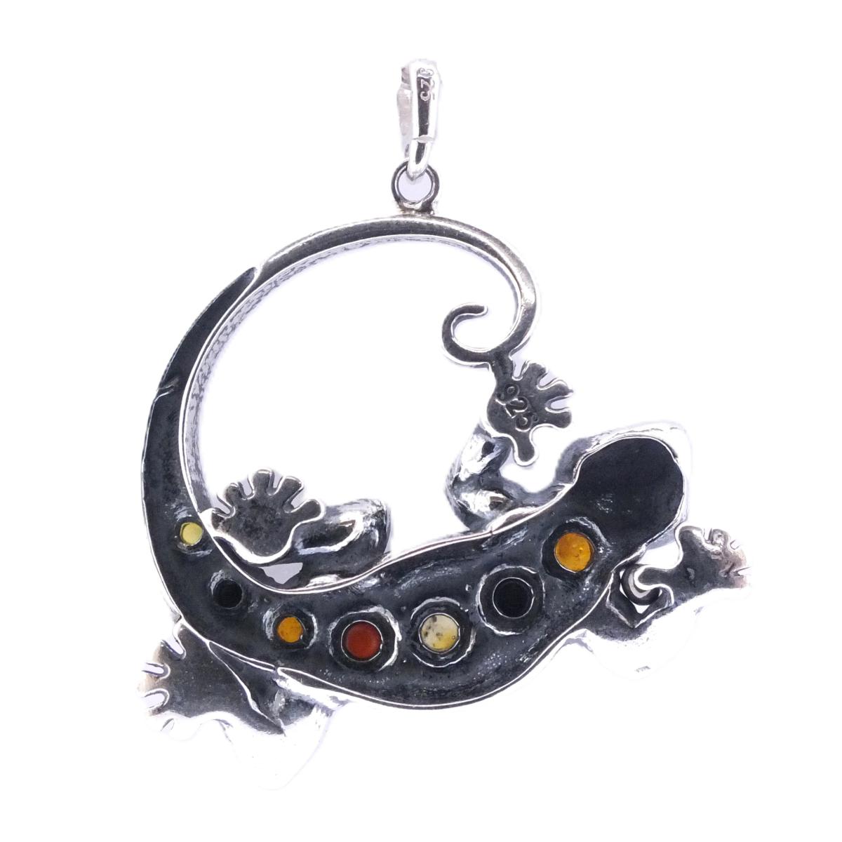 Lizard/ Gecko Pendant In 925 Silver With Baltic Amber Multi-Coloured ...